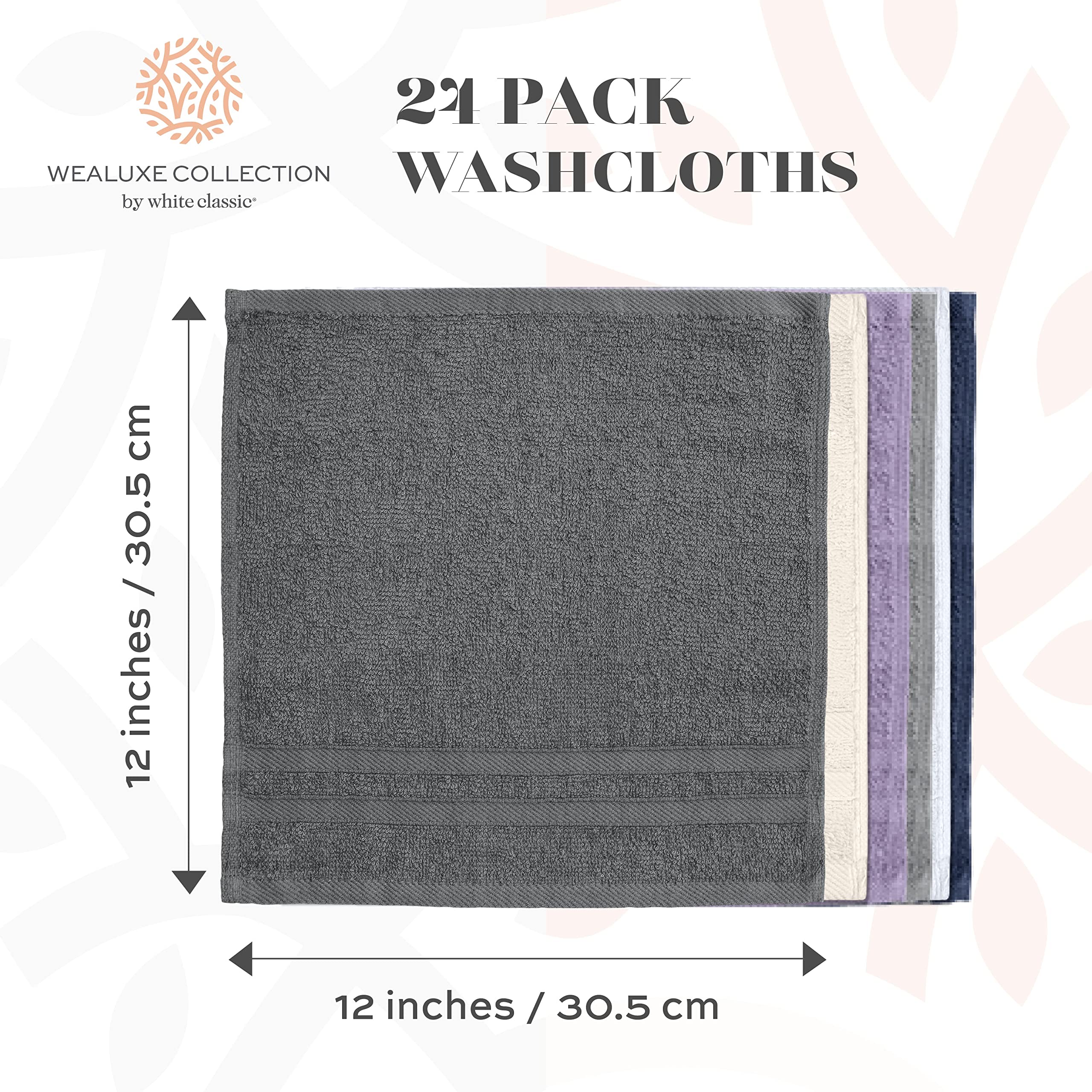 White Classic Wealuxe Cotton Washcloths - Soft Absorbent Bathroom Face Towels - 12x12 Inch - Multi - 24 Pack