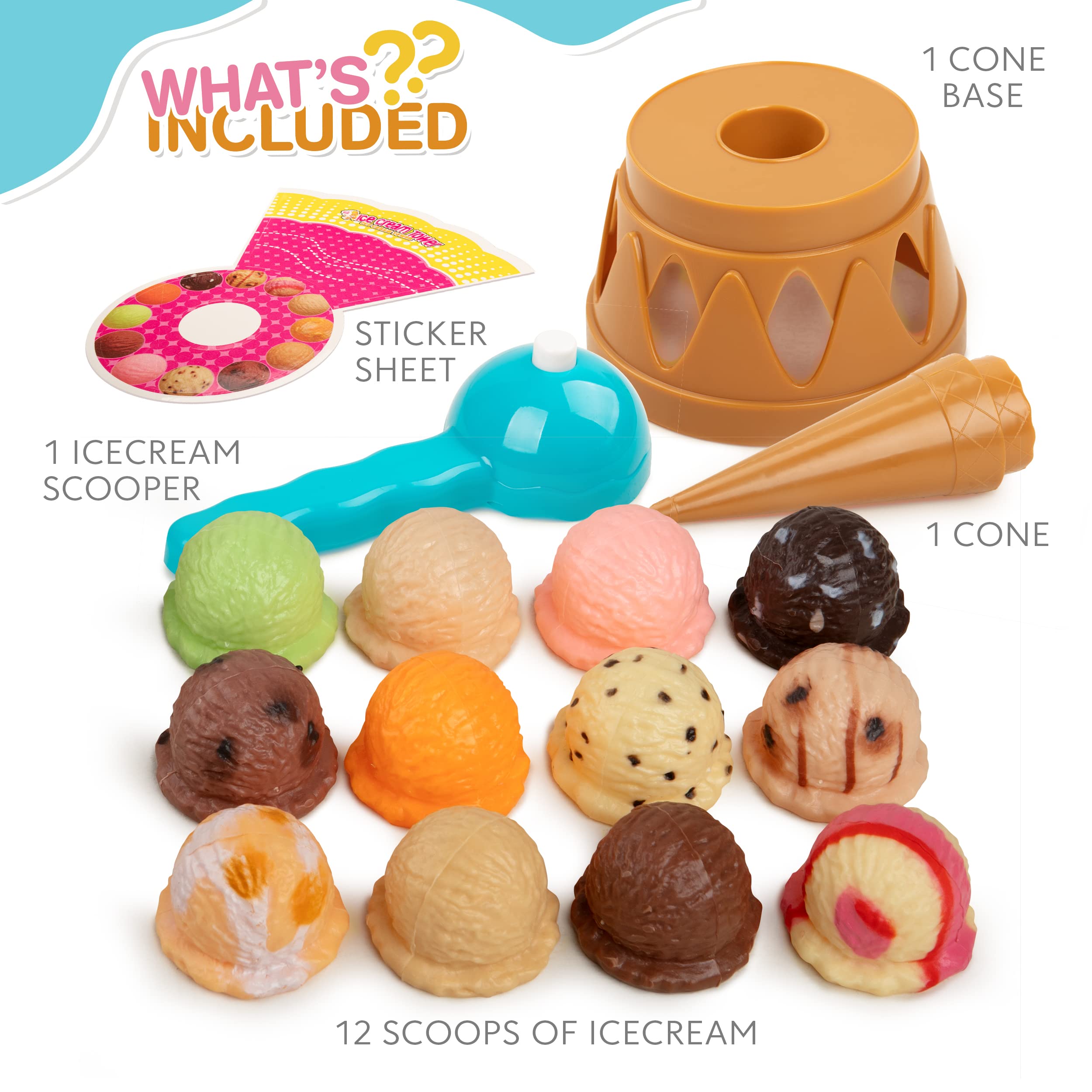 Smart Novelty Ice Cream Toy Stacking Tower - Balancing and Stackable Scoop Ice Cream Play Set for Toddlers, Frozen Dessert Food Games for Kids Aged 3+