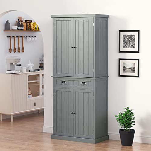Yusong 72'' Tall Kitchen Pantry Cabinet, Farmhouse Storage Cabinet with 4 Doors, Drawer and Adjustable Shelf, Freestanding Wooden Cupboard Buffet for Dining Room Living Room, Grey