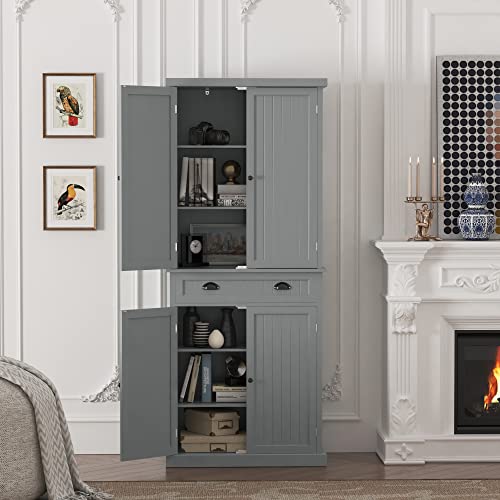 Yusong 72'' Tall Kitchen Pantry Cabinet, Farmhouse Storage Cabinet with 4 Doors, Drawer and Adjustable Shelf, Freestanding Wooden Cupboard Buffet for Dining Room Living Room, Grey