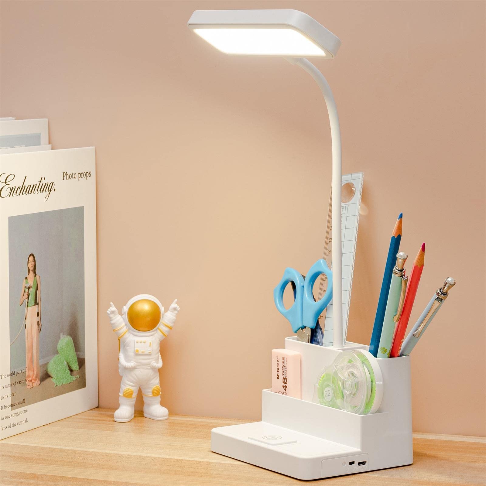 PULRELAS Small LED Desk Lamp with Pen/Phone Holder, Rechargeable Desk Light with Flexible Gooseneck, 3 Color Modes, Stepless Dimming, Eye Caring, Small Study Lamp for Dorm, Bedroom