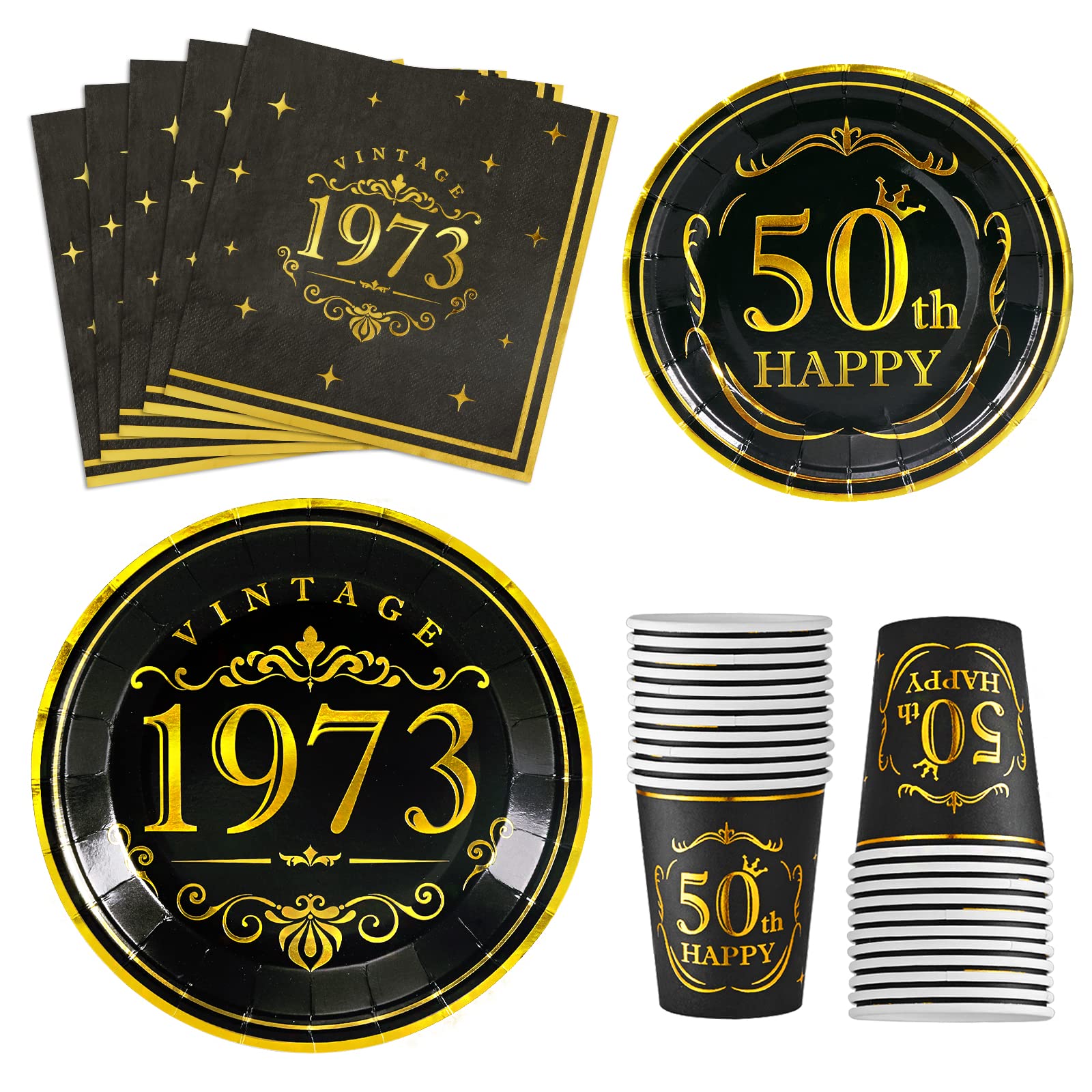 50th Birthday Party Paper Plates Cup Napkins - 96PCS Disposable Plates Cups Paper Napkins Women Men 50 Years Old Birthday Retirement Party Balck Gold Tableware Serves 24 Guests, 9” Plates, 7” Plates