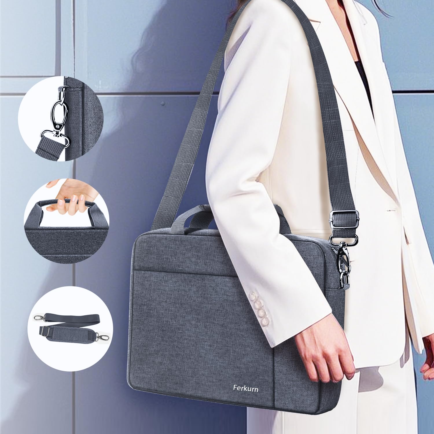 Ferkurn Laptop Bag Case for Women Men Computer Bag Compatible with HP Envy Pavilion Omen/LG Gram/MSI/Dell Inspiron XPS/Lenovo/Acer, Shoulder Strap Carrying Messenger Briefcase, Grey, 14 Inch
