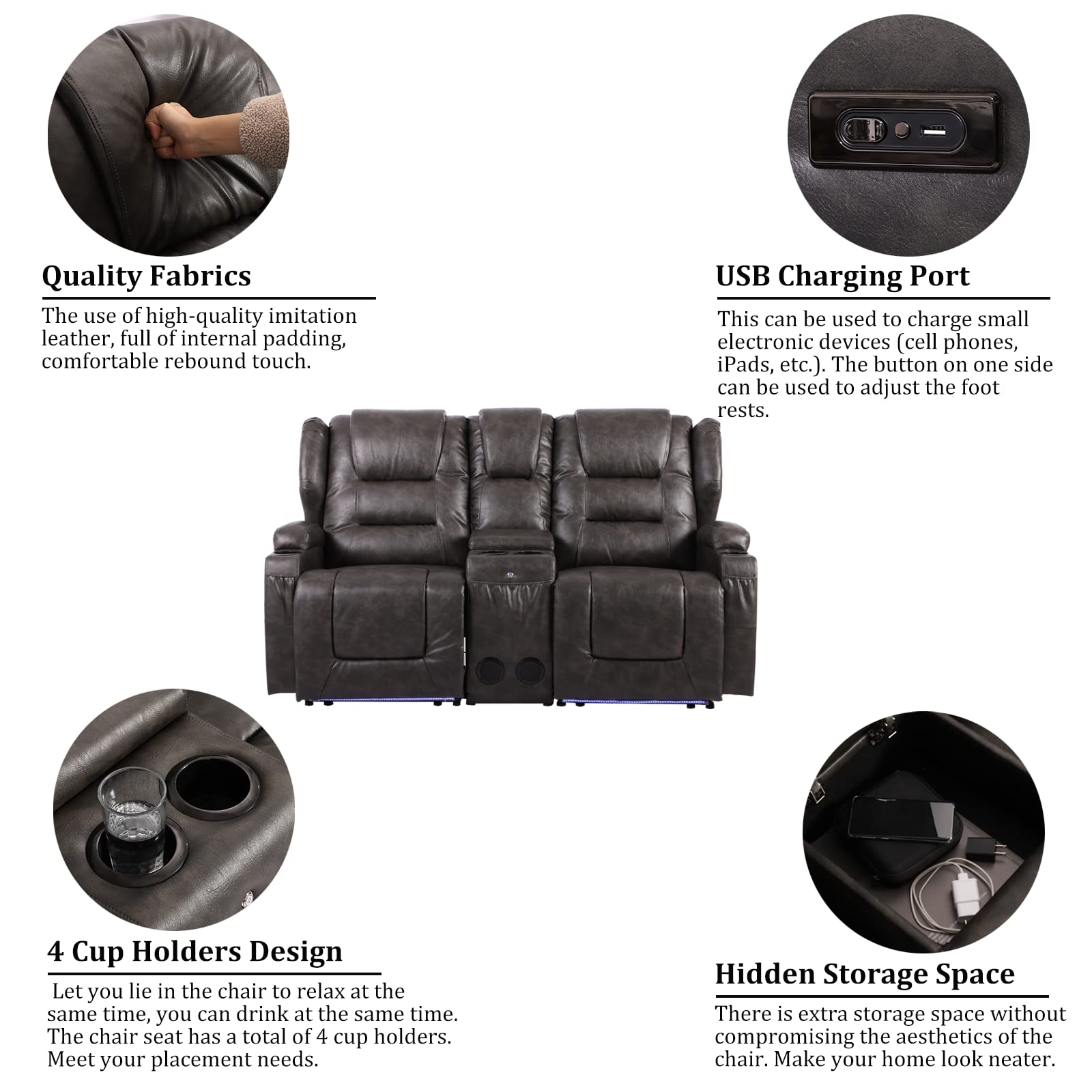 ETAGERIA Home Theater Seating 67" RV Recliner Double Reclining Loveseat Electric Recliner Loveseat Sofa with Console,Light Bar,Cup Holder (Black Grey)