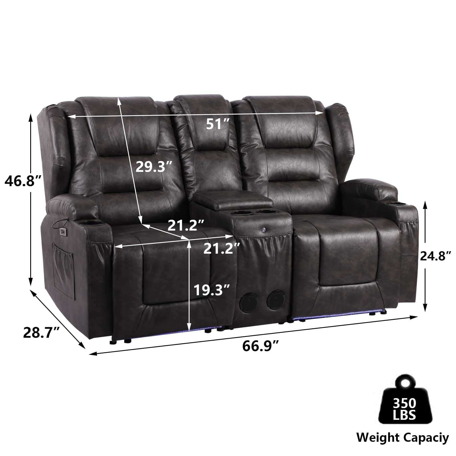 ETAGERIA Home Theater Seating 67" RV Recliner Double Reclining Loveseat Electric Recliner Loveseat Sofa with Console,Light Bar,Cup Holder (Black Grey)