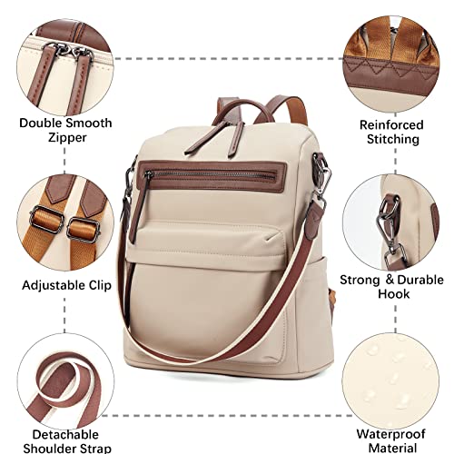 BOSTANTEN Leather Backpack Purse for Women Fashion Designer Shoulder Bag Convertible Travel Backpack Purses Beige-brown