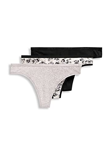 Jockey Women's Underwear Organic Cotton Stretch Logo Thong - 3 Pack, Grey Heather/Placid Black Petals/Black, L