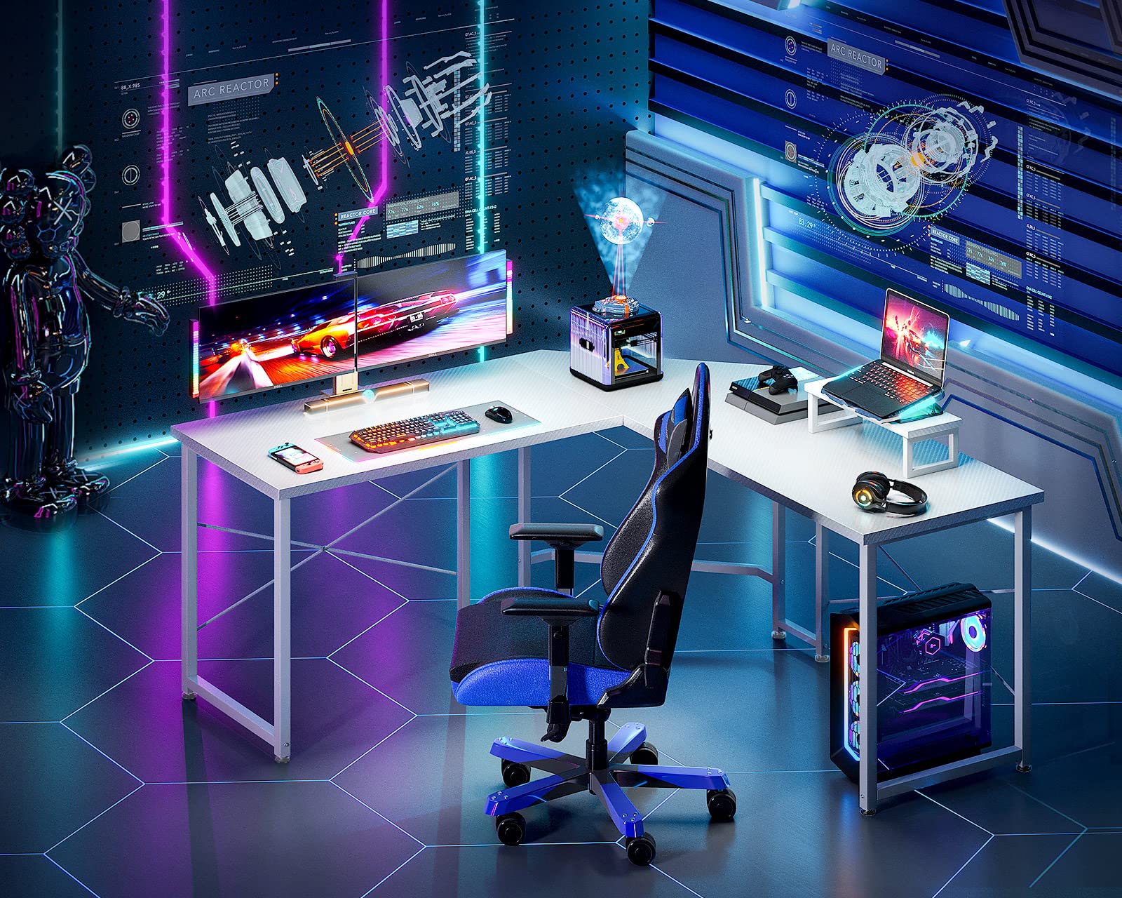 ODK L Shaped Gaming Desk, 51 Inch Computer Desk with Monitor Stand, PC Gaming Desk, Corner Desk Table for Home Office Sturdy Writing Workstation, Carbon Fiber Surface, White