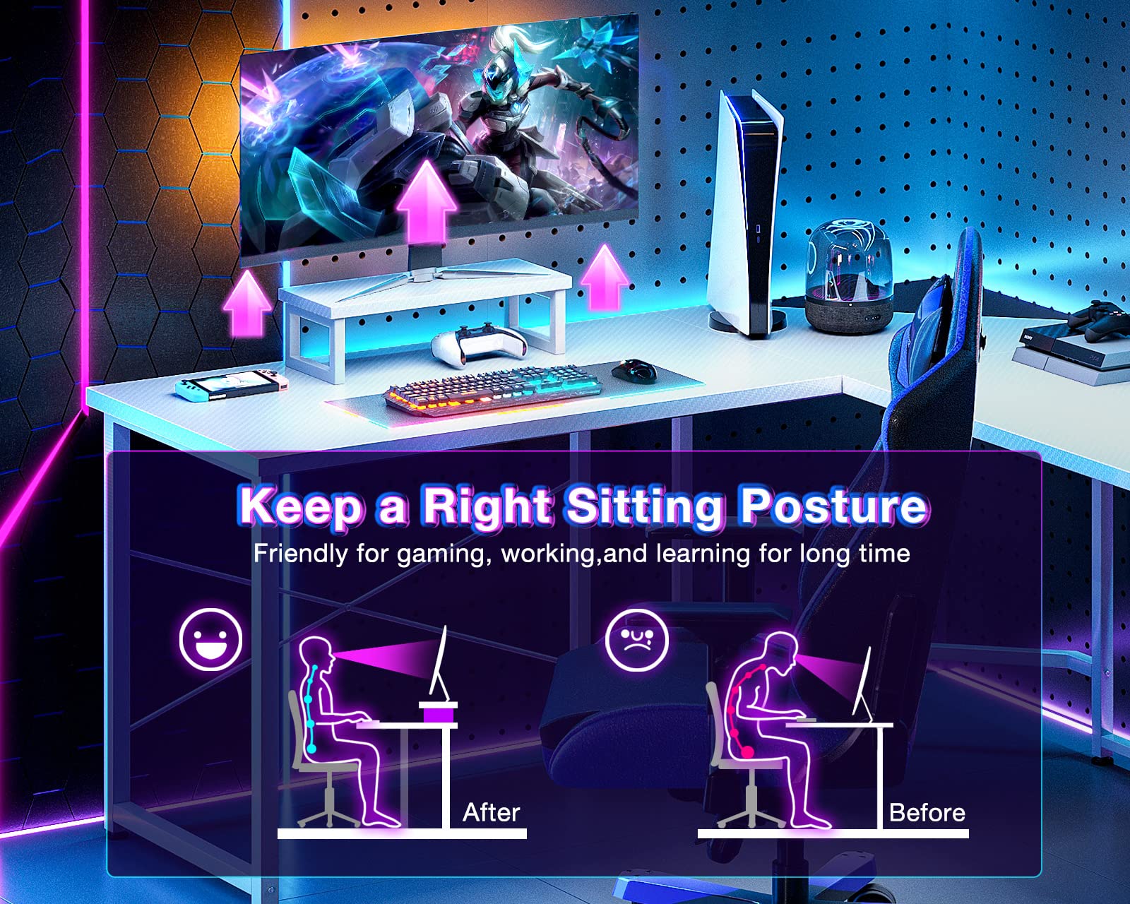 ODK L Shaped Gaming Desk, 51 Inch Computer Desk with Monitor Stand, PC Gaming Desk, Corner Desk Table for Home Office Sturdy Writing Workstation, Carbon Fiber Surface, White