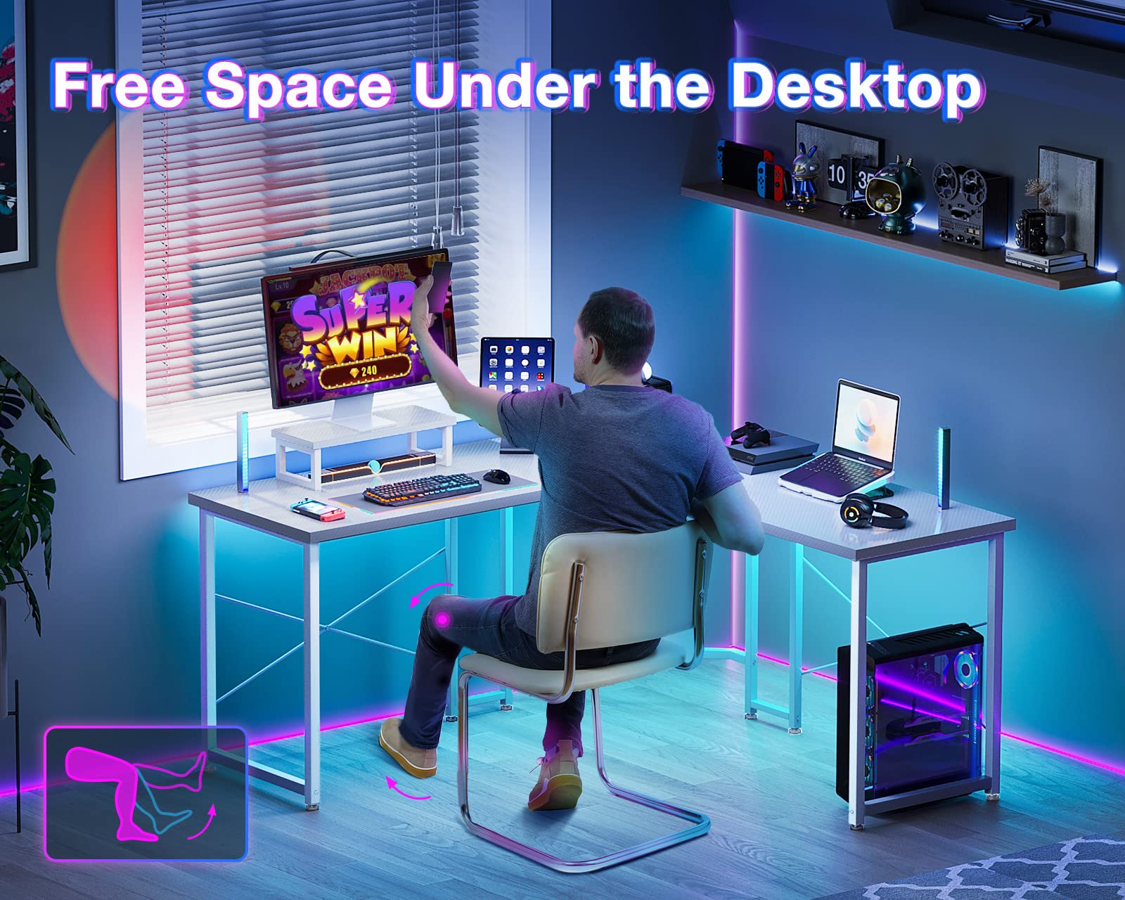 ODK L Shaped Gaming Desk, 51 Inch Computer Desk with Monitor Stand, PC Gaming Desk, Corner Desk Table for Home Office Sturdy Writing Workstation, Carbon Fiber Surface, White