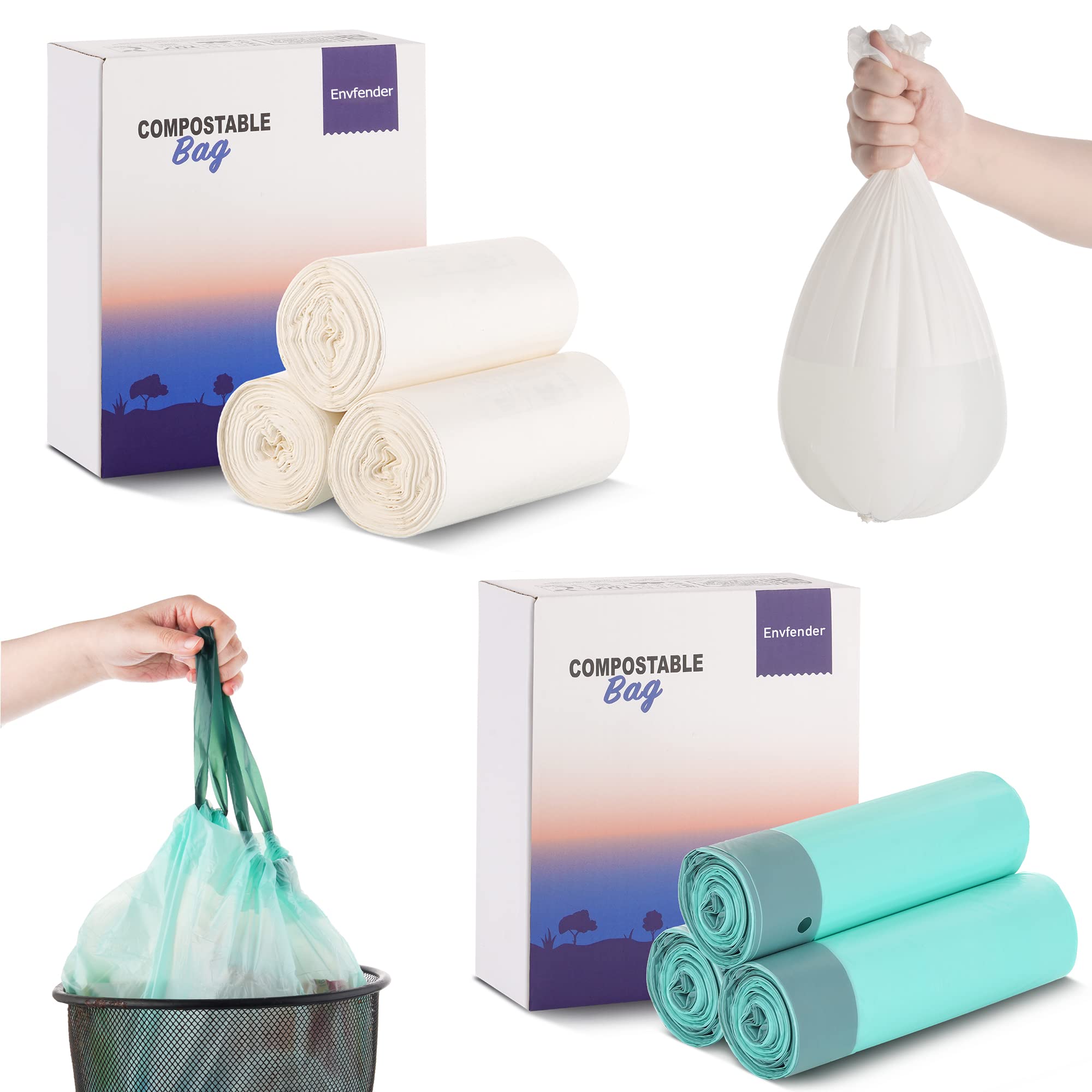 Envfender Compostable Trash Bags 4 2.6 Gallon Drawstring Biodegradable Trash Bags 100% Compost Small Trash Bags for Kitchen Bathroom Office ASTM D6400 BPI Certified Green