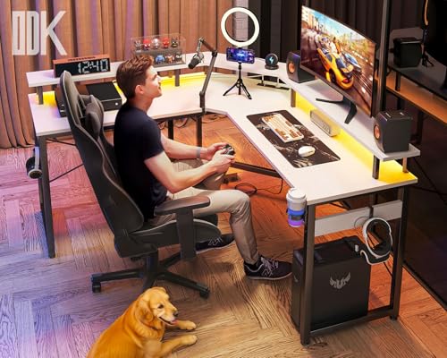 ODK L Shaped Gaming Desk with LED Lights & Power Outlets, 51" Computer Desk with Full Monitor Stand, Corner Gaming Table with Hooks & Cup Holder, White