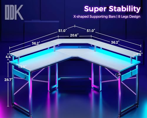 ODK L Shaped Gaming Desk with LED Lights & Power Outlets, 51" Computer Desk with Full Monitor Stand, Corner Gaming Table with Hooks & Cup Holder, White
