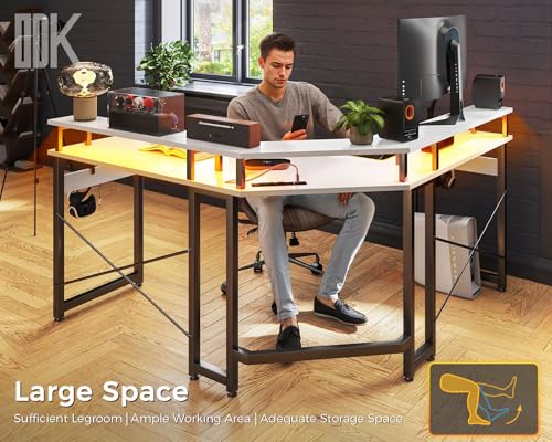 ODK L Shaped Gaming Desk with LED Lights & Power Outlets, 51" Computer Desk with Full Monitor Stand, Corner Gaming Table with Hooks & Cup Holder, White