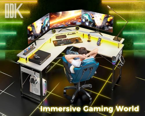 ODK L Shaped Gaming Desk with LED Lights & Power Outlets, 51" Computer Desk with Full Monitor Stand, Corner Gaming Table with Hooks & Cup Holder, White