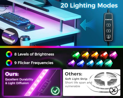 ODK L Shaped Gaming Desk with LED Lights & Power Outlets, 51" Computer Desk with Full Monitor Stand, Corner Gaming Table with Hooks & Cup Holder, White