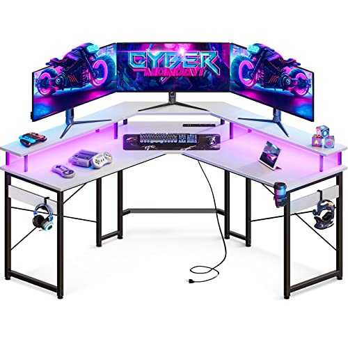 ODK L Shaped Gaming Desk with LED Lights & Power Outlets, 51" Computer Desk with Full Monitor Stand, Corner Gaming Table with Hooks & Cup Holder, White