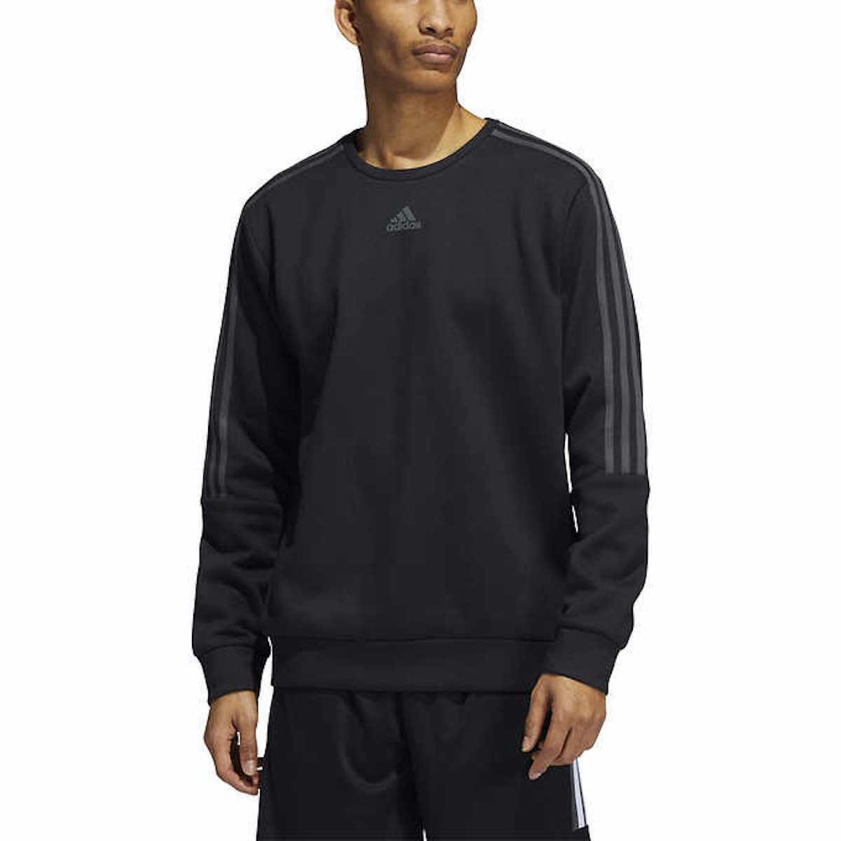 adidas Men's Long Sleeve 3 Stripe Fleece Crew Sweatshirt Pullover (as1, alpha, l, regular, regular, Black)