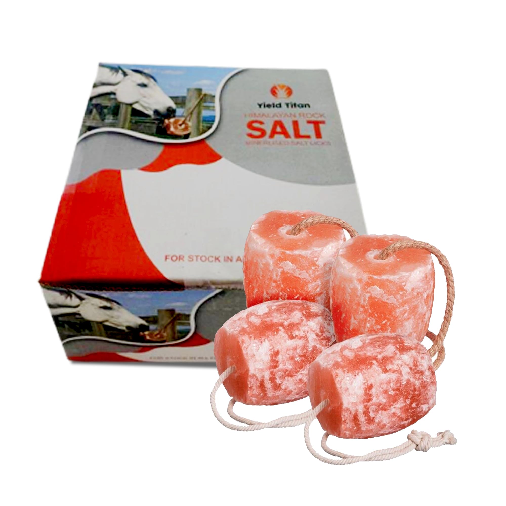 Yield Titan Himalayan Pink Salt 14 LB, Salt Licks for Animals Licking Block for Horses, Cows, Deer, and Other Livestock - Rope Included 3.5Lbs Each(4 Qty)