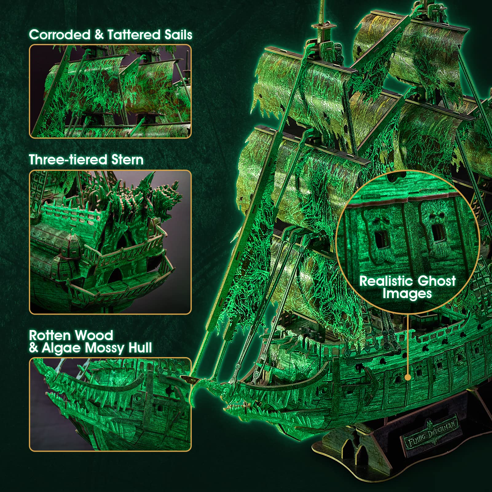 CubicFun 3D Jigsaw Puzzles Dutch Ship Model Flying Luminous Haunted Pirate Ship DIY for Adults and Kids, Building Kits Office Decoration for Women and Men, 360 Pieces