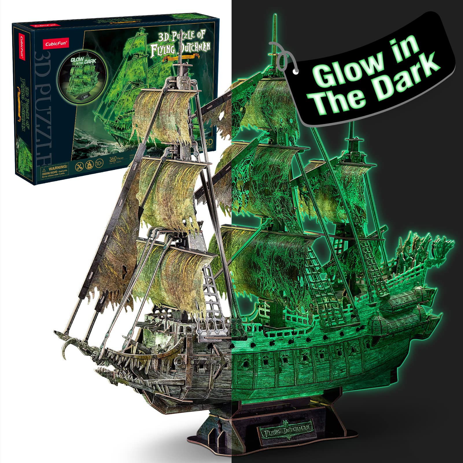 CubicFun 3D Jigsaw Puzzles Dutch Ship Model Flying Luminous Haunted Pirate Ship DIY for Adults and Kids, Building Kits Office Decoration for Women and Men, 360 Pieces
