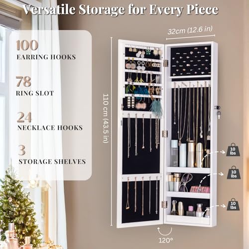 LUXFURNI Jewelry Cabinet, Wall-Mount/Door-Hanging Full Length Mirror With Storage, Lockable Armoire Organizer, Built-in Makeup Mirror, White