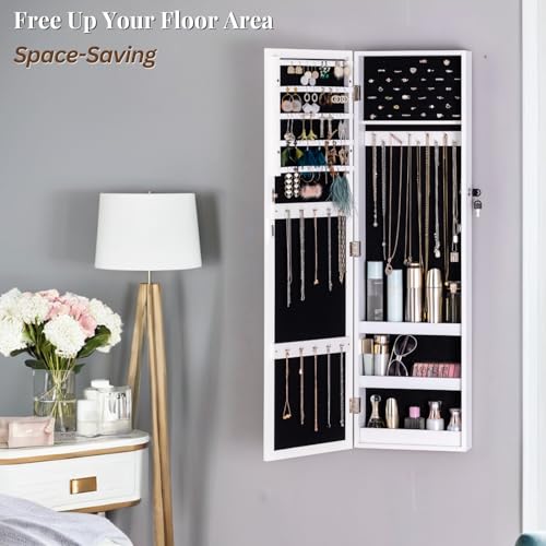 LUXFURNI Jewelry Cabinet, Wall-Mount/Door-Hanging Full Length Mirror With Storage, Lockable Armoire Organizer, Built-in Makeup Mirror, White