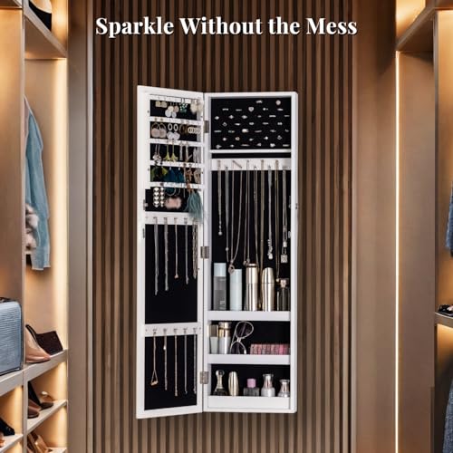 LUXFURNI Jewelry Cabinet, Wall-Mount/Door-Hanging Full Length Mirror With Storage, Lockable Armoire Organizer, Built-in Makeup Mirror, White