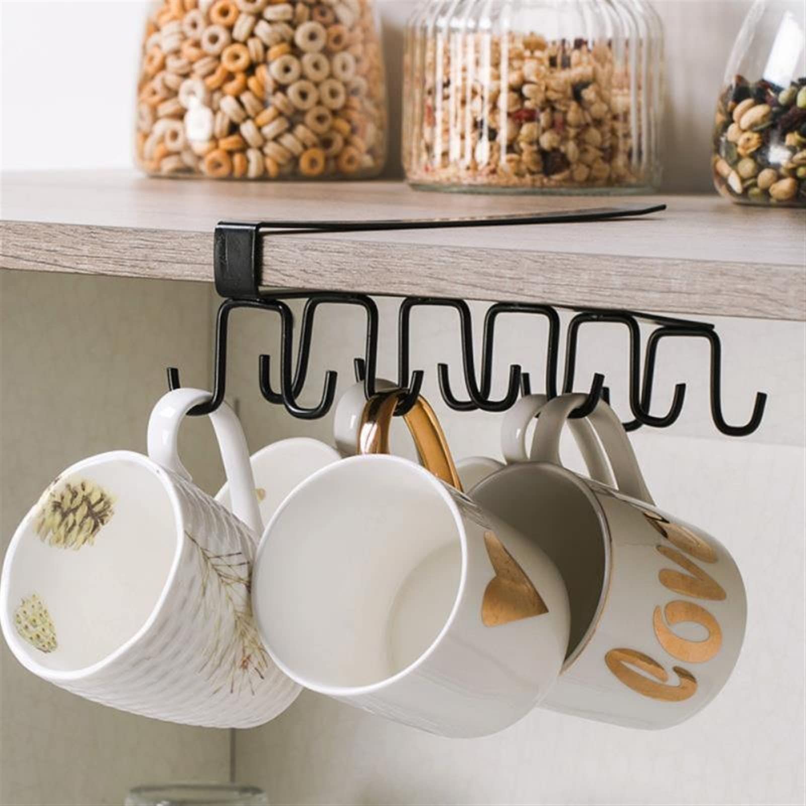 LUCBEI Coffee Cup Holder Fashion Double-Row Metal Rack Mug Cupboard Kitchen Storage Rack Hanger Bracket Cabinet Hook Mug Display ( Color : Black )