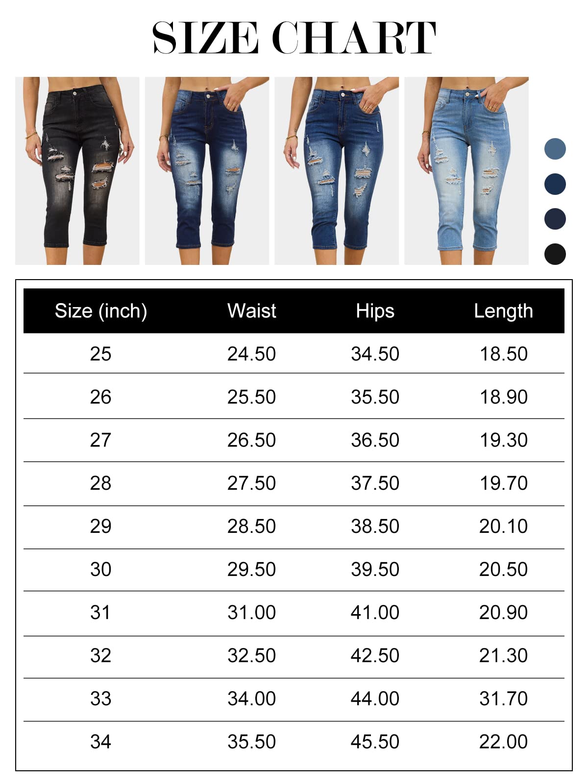 BWQ Womens Ripped Capri Jeans - Skinny Stretch Destroyed Slim Fit Denim Capri Pant