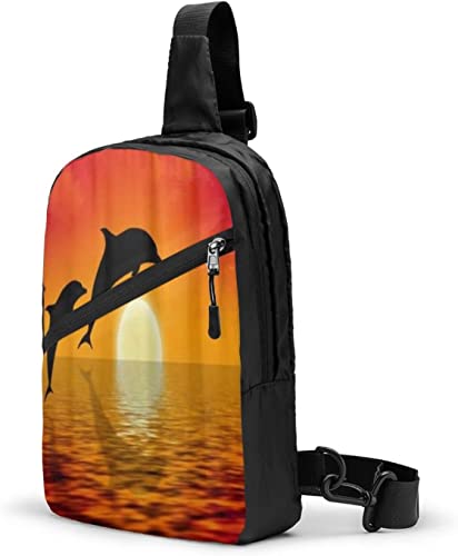 Chest Bag Dolphins Swimming in Sunset,Sling Bags Multipurpose Crossbody Shoulder Backpack Waterproof Travel Hiking