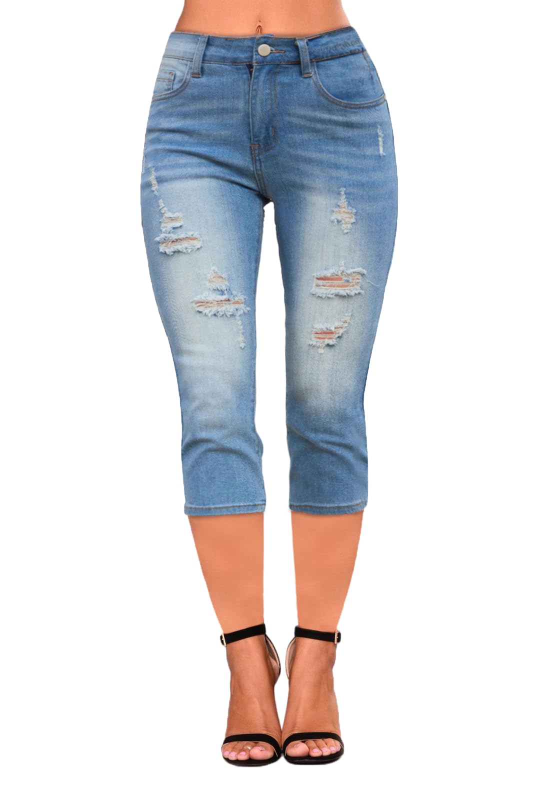 BWQ Womens Ripped Capri Jeans - Skinny Stretch Destroyed Slim Fit Denim Capri Pant