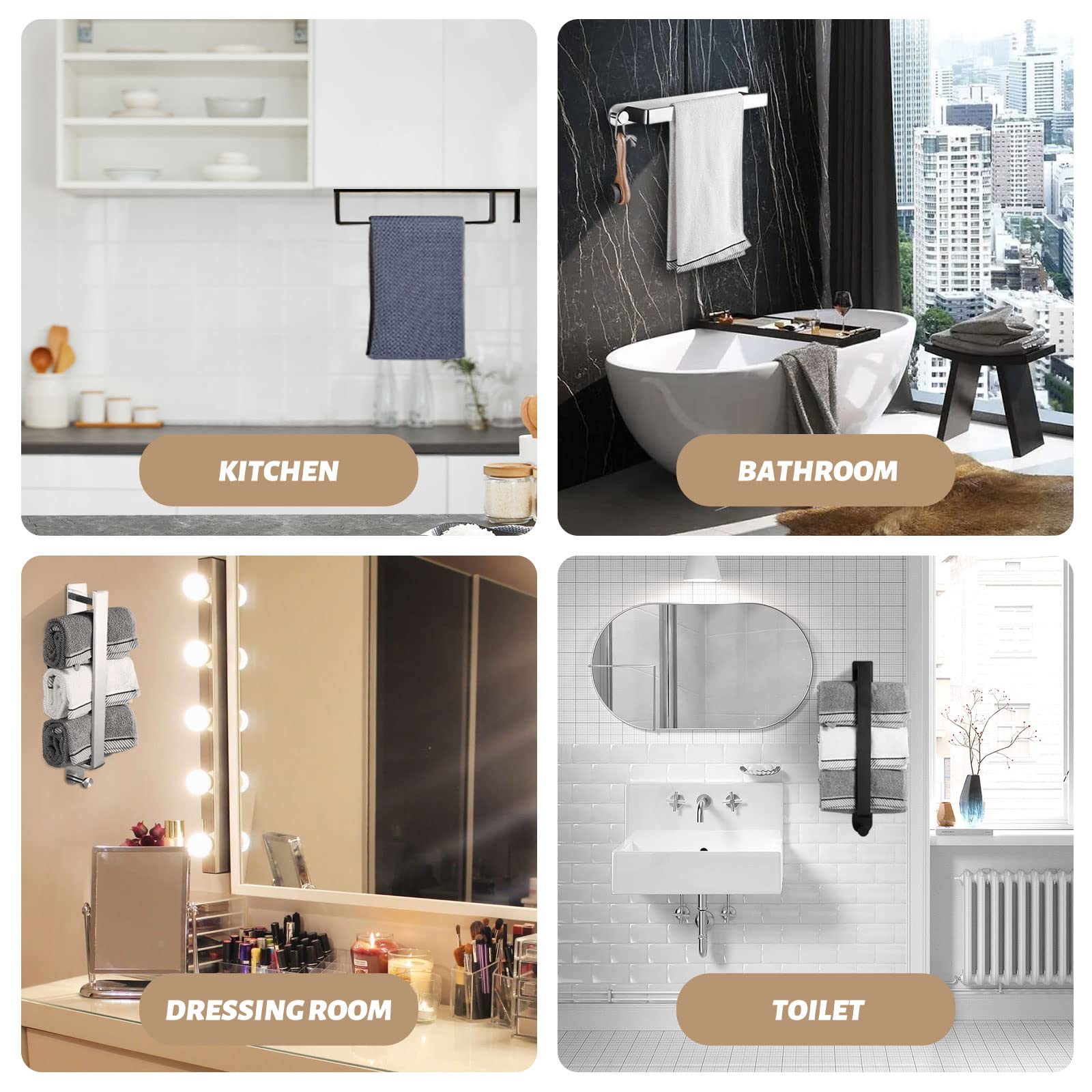 Towel Bar,15.75in Towel Holder Wall Mounted Stainless Steel Towel Rack Thicken 2.5in No-Drill Towel Rack with 1 Hook for Bathroom Matte Black (Black)