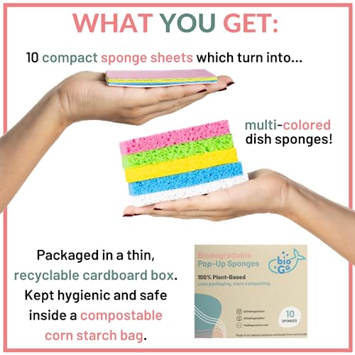 bioGo 10 Pack Compostable Pop-Up Sponges - Expanding, Non-Scratch, Plant-Based Dish Sponges - 10 Color Sponges - Compostable Pop Up Sponge - Rainbow Sponges - Kitchen Pop Up Sponges