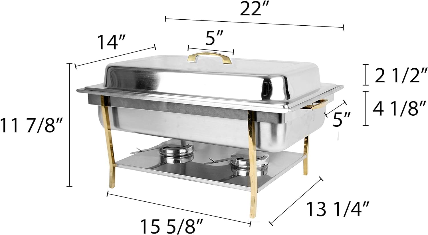 TrueCraftware- 8 Qt. Stainless Steel Full Size Continental Chafing Dish Brass Accent Complete Set- Food Warmer Chafers and Buffet Warmer Sets for Catering Event Party Holiday Buffet Weddings Catering