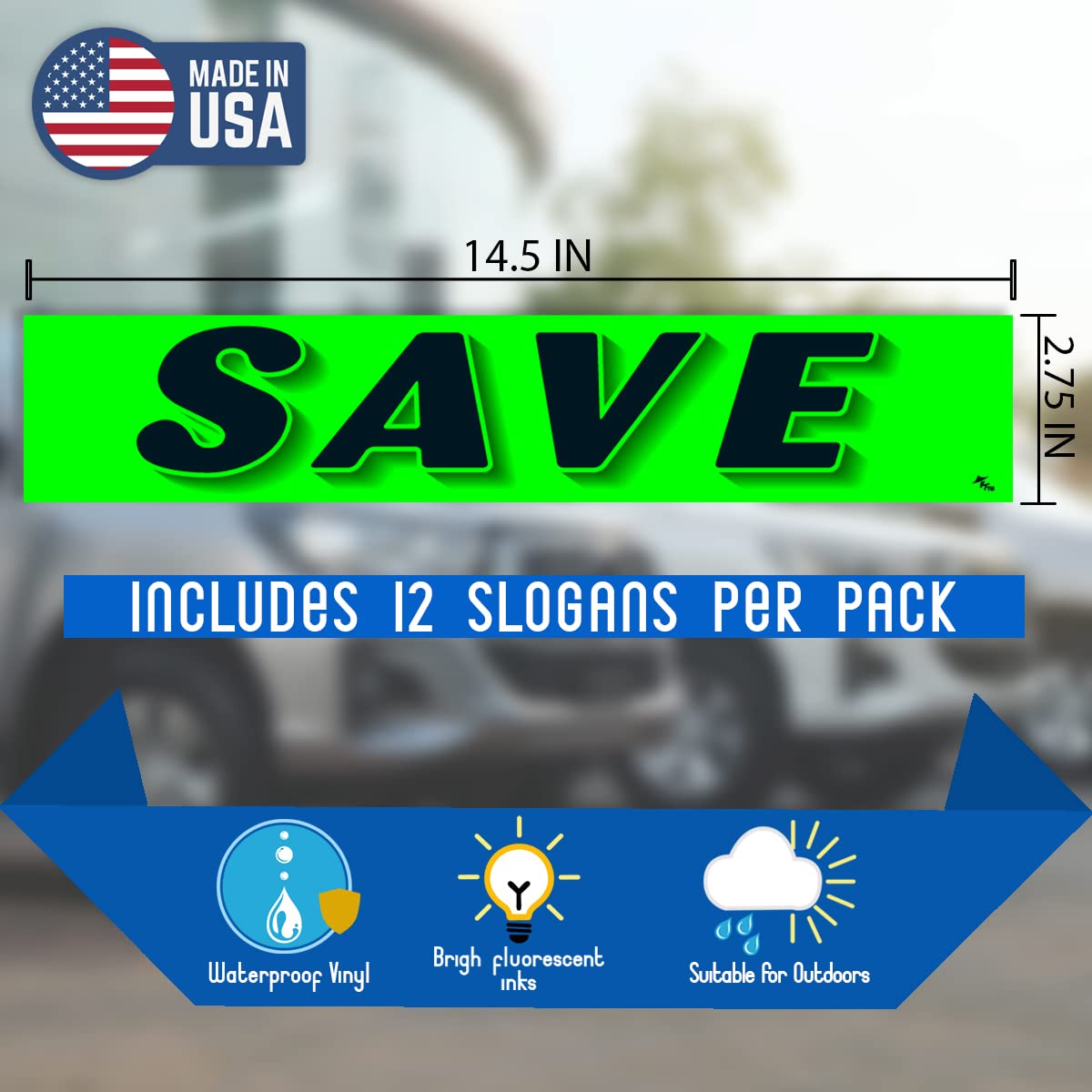 Versa Tags Windshield Slogan Stickers 12 Pack Each of Save, 4X4, 3RD Row Seating, WE Finance, FINANCING Available (60) Window Stickers Total Dealership Stickers Black On Green