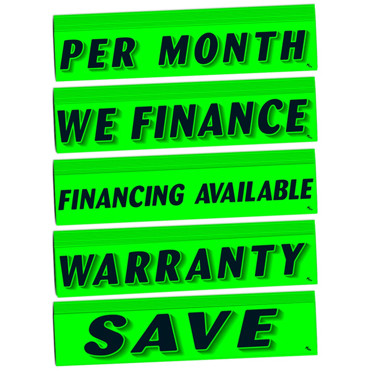 Versa Tags Windshield Slogan Stickers 12 Pack Each of PER Month, WE Finance, FINANCING Available, Warranty, Save (60) Window Stickers Total Dealership Stickers Black On Green