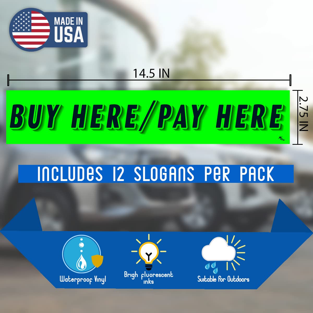 Versa Tags Windshield Slogan Stickers 12 Pack Each of FINANCING Available, Down, Cash, Buy HERE Pay HERE, 4X4 (60) Window Stickers Total Dealership Stickers Black On Green