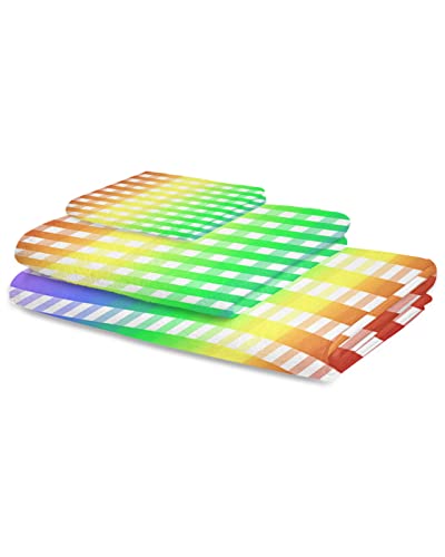 Rainbow Bath Towels Set for Bathroom, Soft Absorbent Durable Quick Dry Towel Set of 3 Multifuntion, 1 Bath Towel+1 Hand Towel +1 Washclothe, Colorful Gradient Plaid