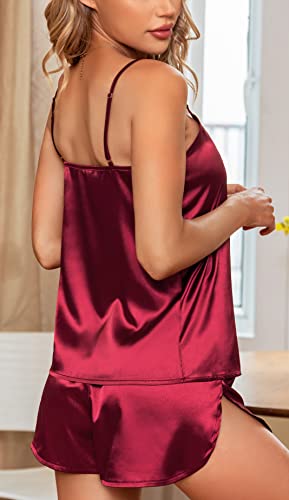 Pajamas Women's Cami Pajama Set Sleeveless Sleepwear Silk Satin PJ Sets Wine Red S