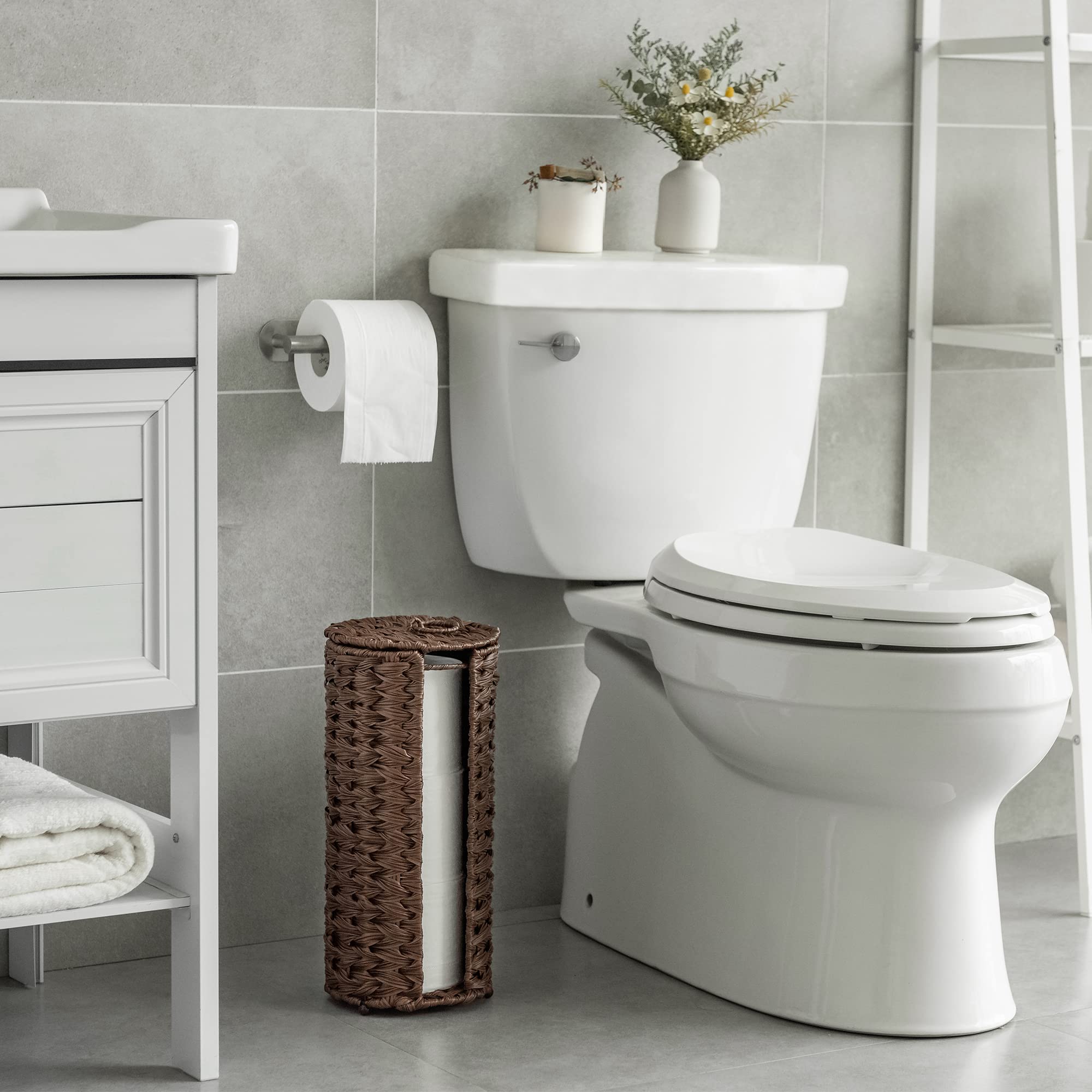 GRANNY SAYS Toilet Paper Storage Basket With Lid, Holder Stand, Waterproof Organizer for Bathroom, Holds 3 Mega Rolls, Brown