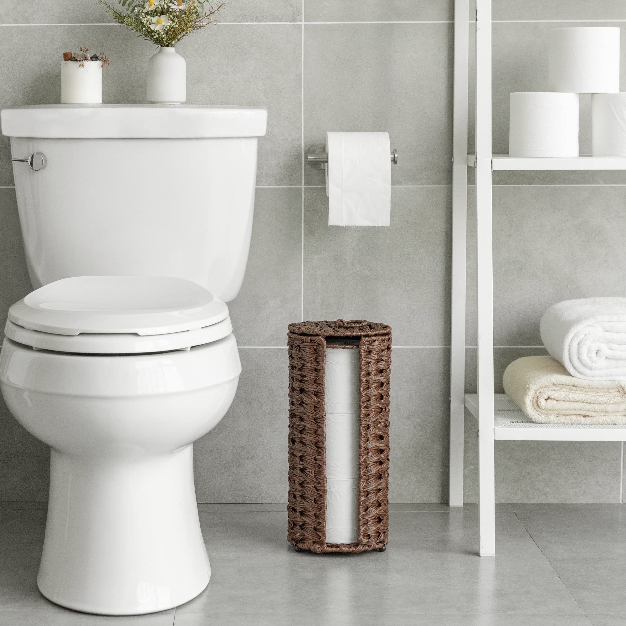 GRANNY SAYS Toilet Paper Storage Basket With Lid, Holder Stand, Waterproof Organizer for Bathroom, Holds 3 Mega Rolls, Brown