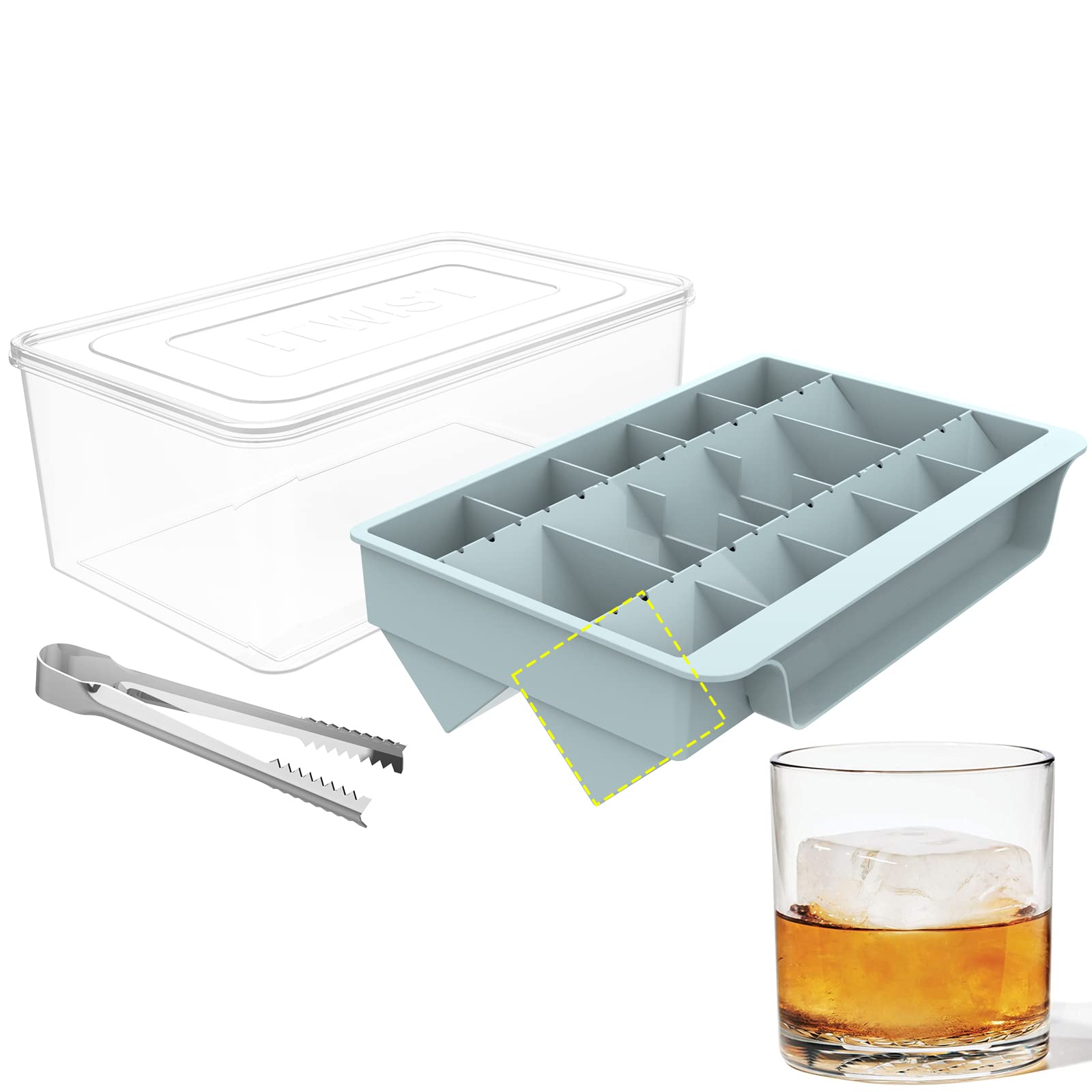 WIBIMEN Large Ice Cube Tray, Whiskey Ice Mold with Bin & Tong Square Ice Cube Mold, Leakproof Large Ice Cube Molds for Cocktails Whiskey Bourbon Scotch-Easy Fill & Transfer & Remove(Blue)