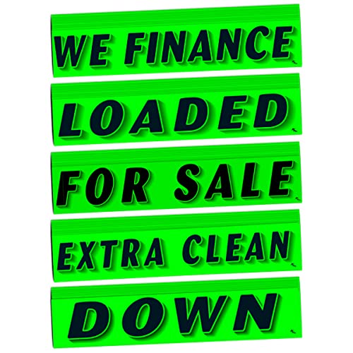 Versa Tags Windshield Slogan Stickers 12 Pack Each of WE Finance, Loaded, for Sale, Extra Clean, Down (60) Window Stickers Total Dealership Stickers Black On Green