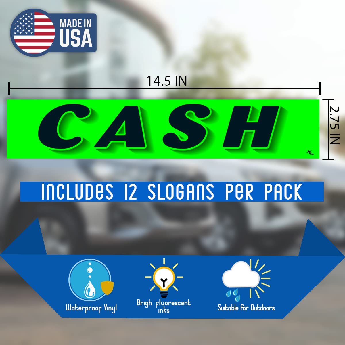 Versa Tags Windshield Slogan Stickers 12 Pack Each of Save, Down, Cash, Buy HERE Pay HERE, 4X4 (60) Window Stickers Total Dealership Stickers Black On Green