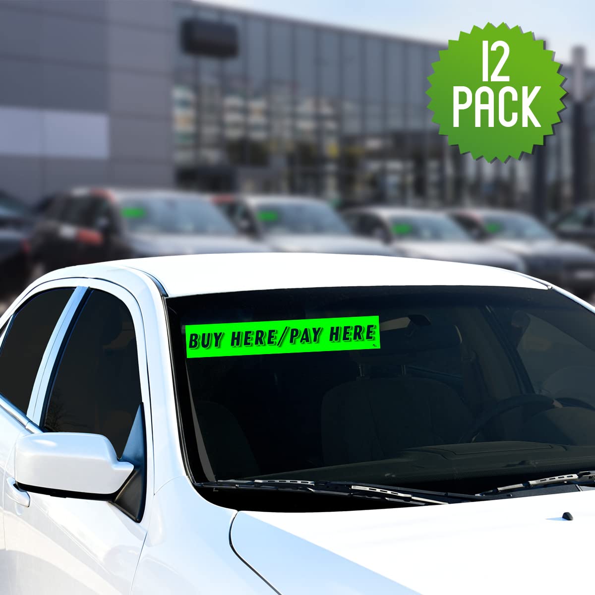 Versa Tags Windshield Slogan Stickers 12 Pack Each of Save, Down, Cash, Buy HERE Pay HERE, 4X4 (60) Window Stickers Total Dealership Stickers Black On Green