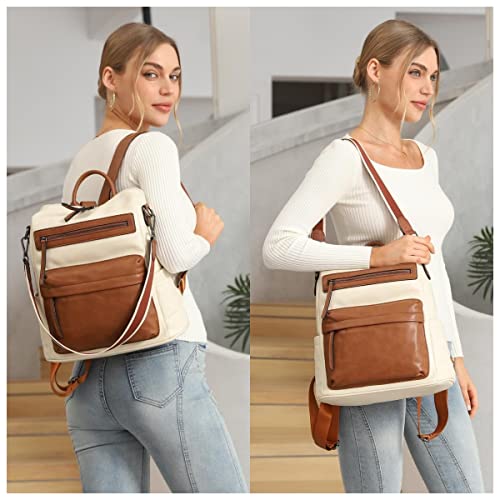 BOSTANTEN Leather Backpack Purse for Women Fashion Designer Shoulder Bag Convertible Travel Backpack Purses Brown-beige