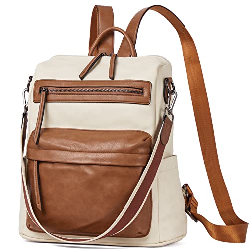 BOSTANTEN Leather Backpack Purse for Women Fashion Designer Shoulder Bag Convertible Travel Backpack Purses Brown-beige