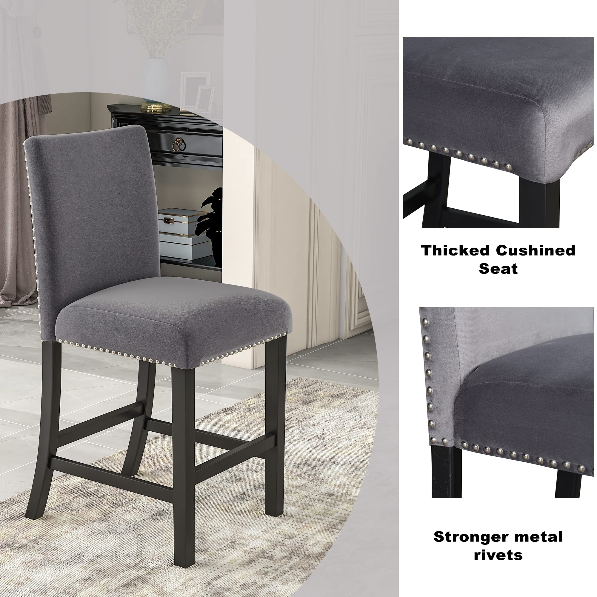 Merax Dining Table Set for 4, Counter Height Dining Table Set with Faux Marble Dining Table and 4 Upholstered-Seat Chairs, 5 Piece Dining Room Table Set for Kitchen and Living Room Furniture, Gray