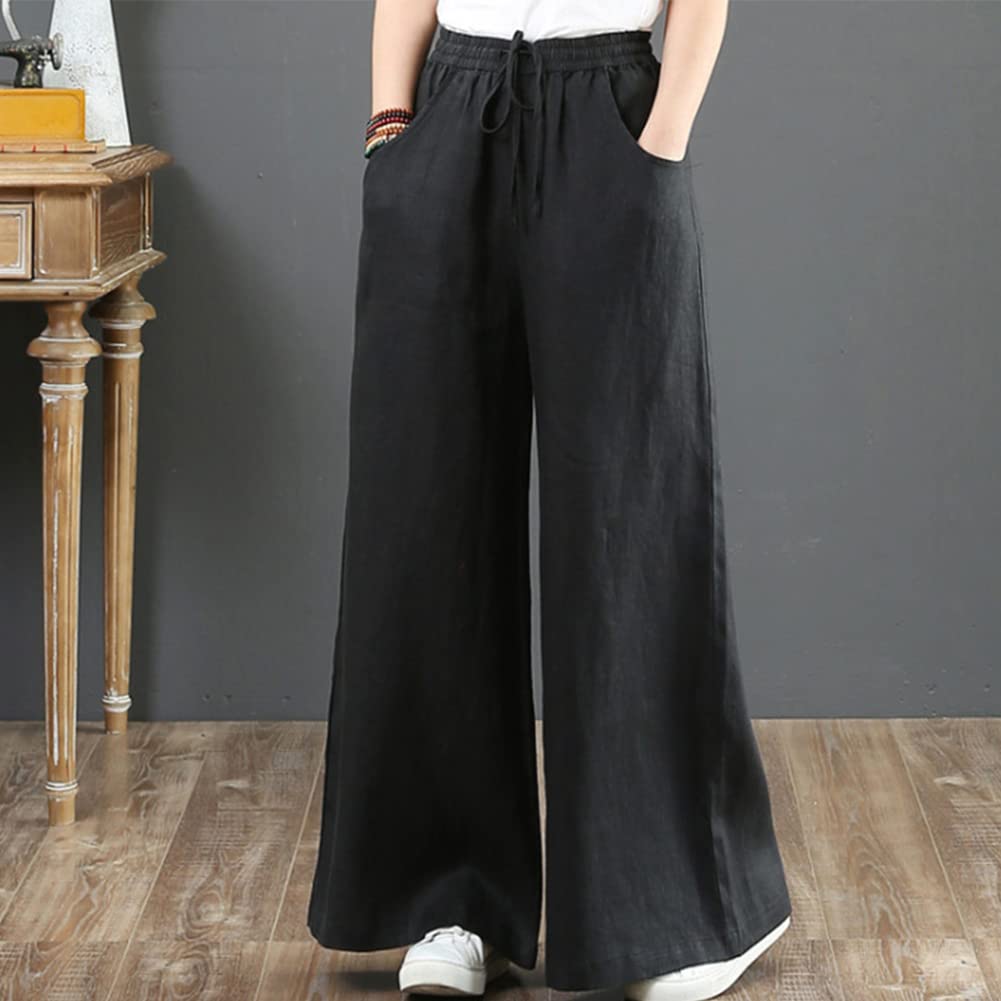 OBEEII Womens Casual Elastic High Waisted Wide Leg Loose Palazzo Pants Trousers with Pockets Black XL